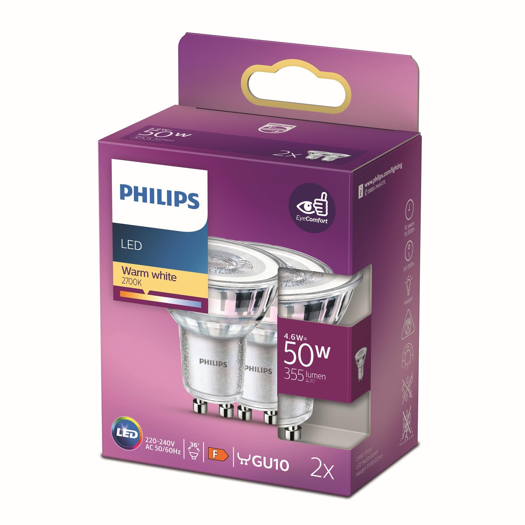 Philips LED spot niet dimbaar (2-pack) - GU10 36D 4,6W 355lm 2700K 23… kopen? Shop bij fonQ!