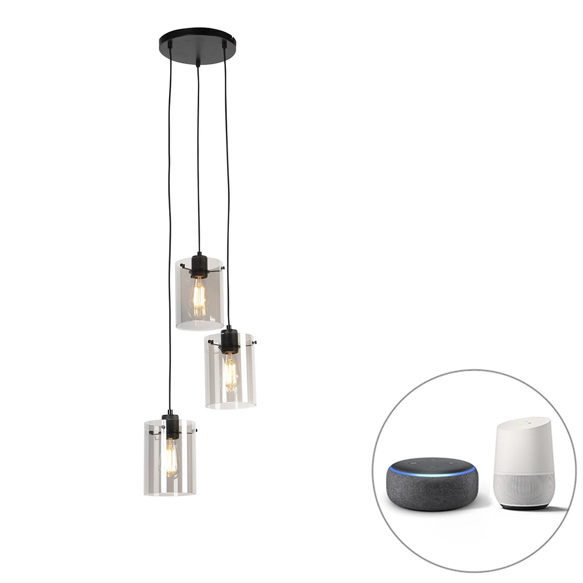 QAZQA Smart hanglamp zwart met smoke glas incl. 3 Wifi ST64 - Dome ...