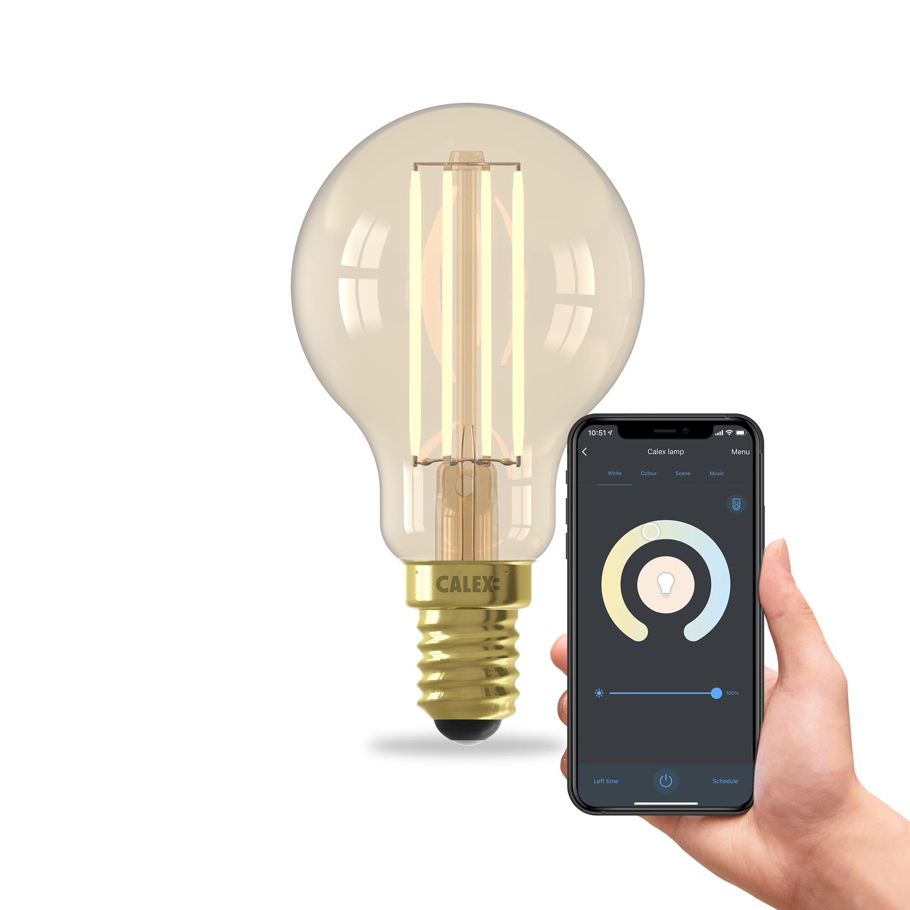 Calex Slimme LED Lamp - E14 - Filament - P45 - Goud - Warm Wit - 4.9W kopen? Shop bij fonQ!