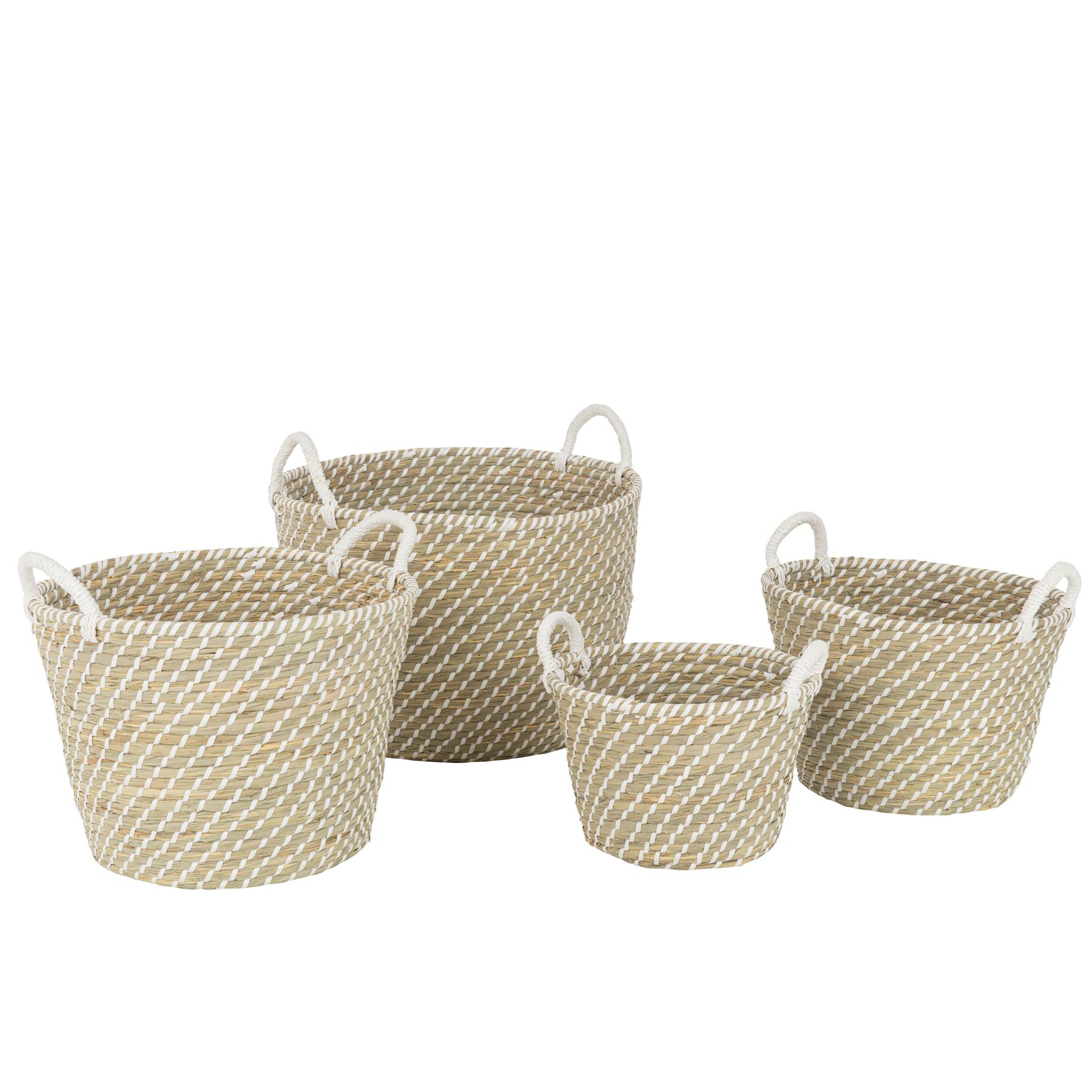 J-line - Set Van 4 Mand Rond Handvatten Stro Naturel|wit - 47x48x42cm ...