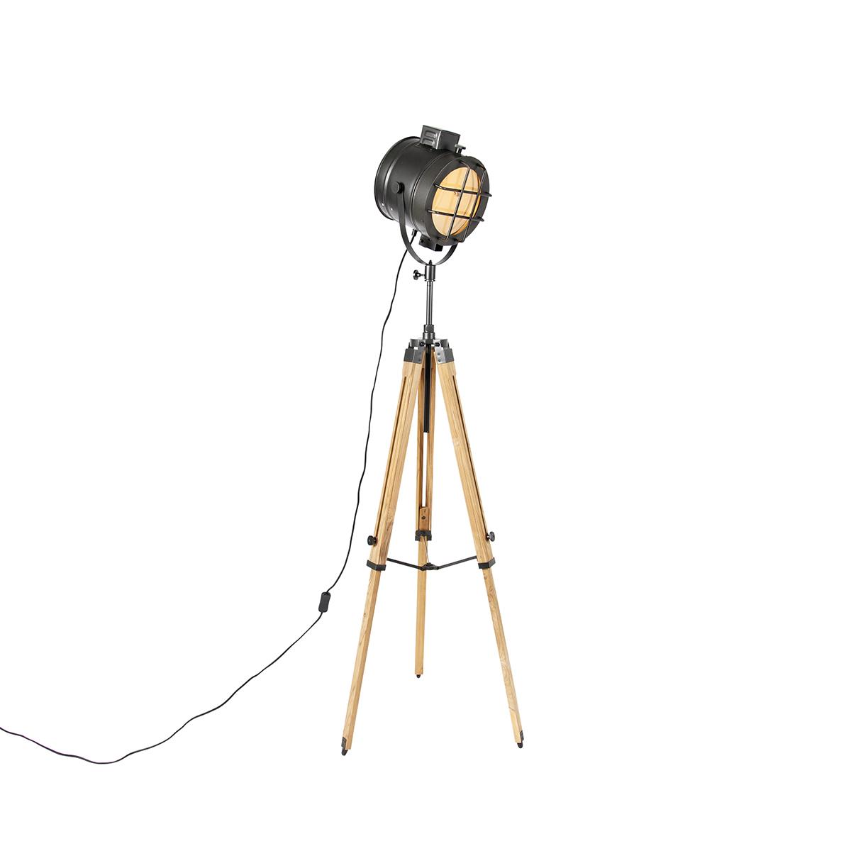 QAZQA Tripod studiospot vloerlamp zwart met hout - Shiny kopen? Shop ...